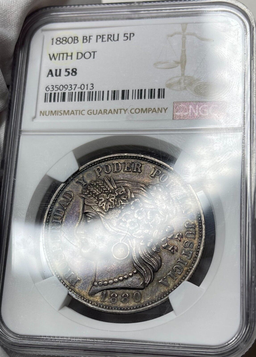 1880-B Peru Silver 5 Pesetas - NGC AU58 - Beautiful Original Example ...
